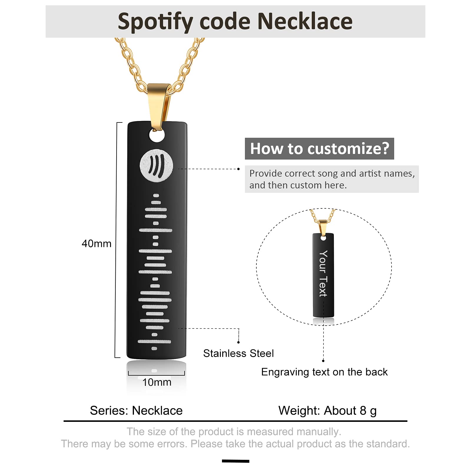 Personalized Music Spotify Scan Code Necklace Custom Bar Pendant Necklace for Women Men Engraved Name Necklace Stainless Steel Necklace Jewelry Gift(Black)