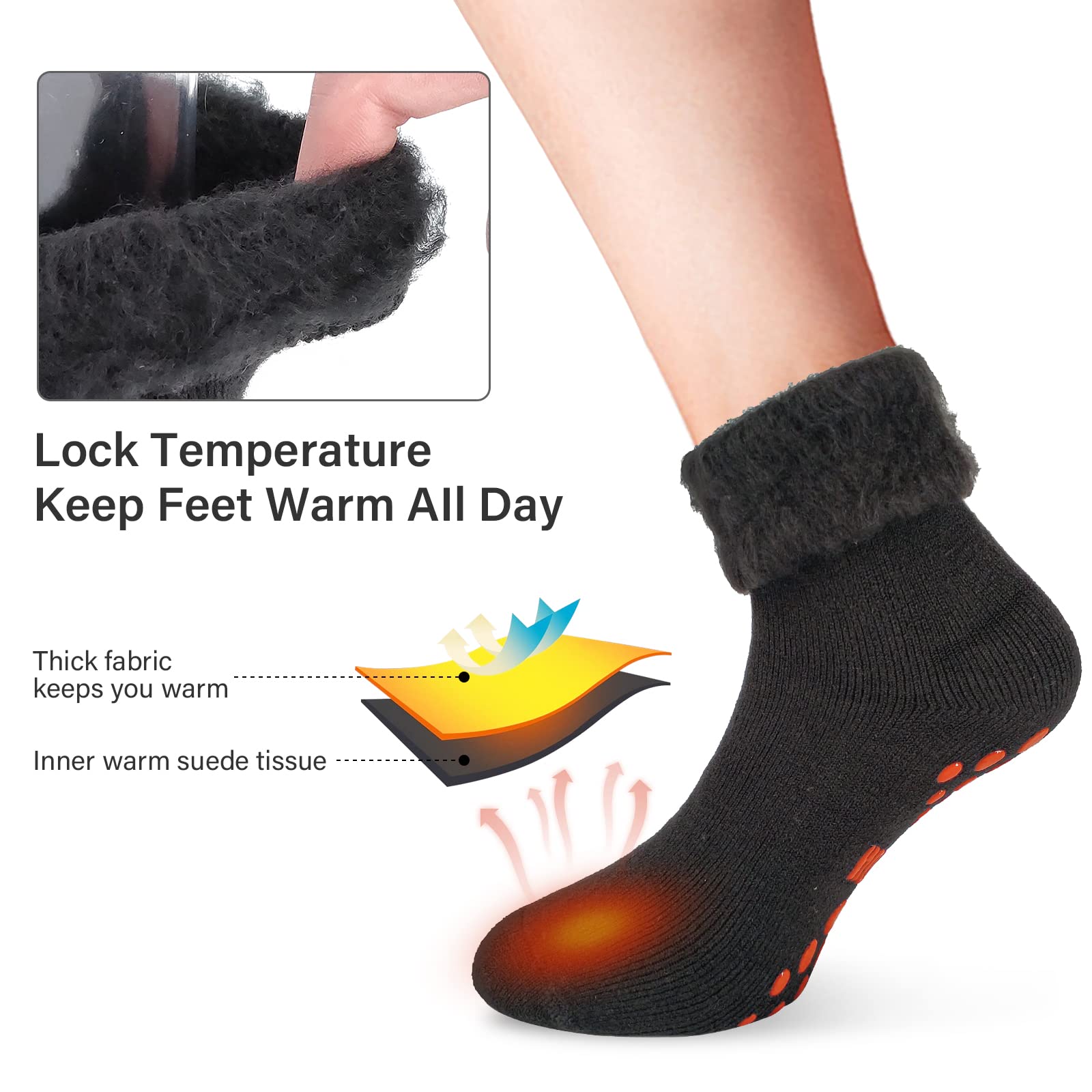 NOVAYARD 3 Pairs Non Slip Thermal Socks Hospital Slipper Crew Grip Cozy Wool socks Men Women(Black，Large)