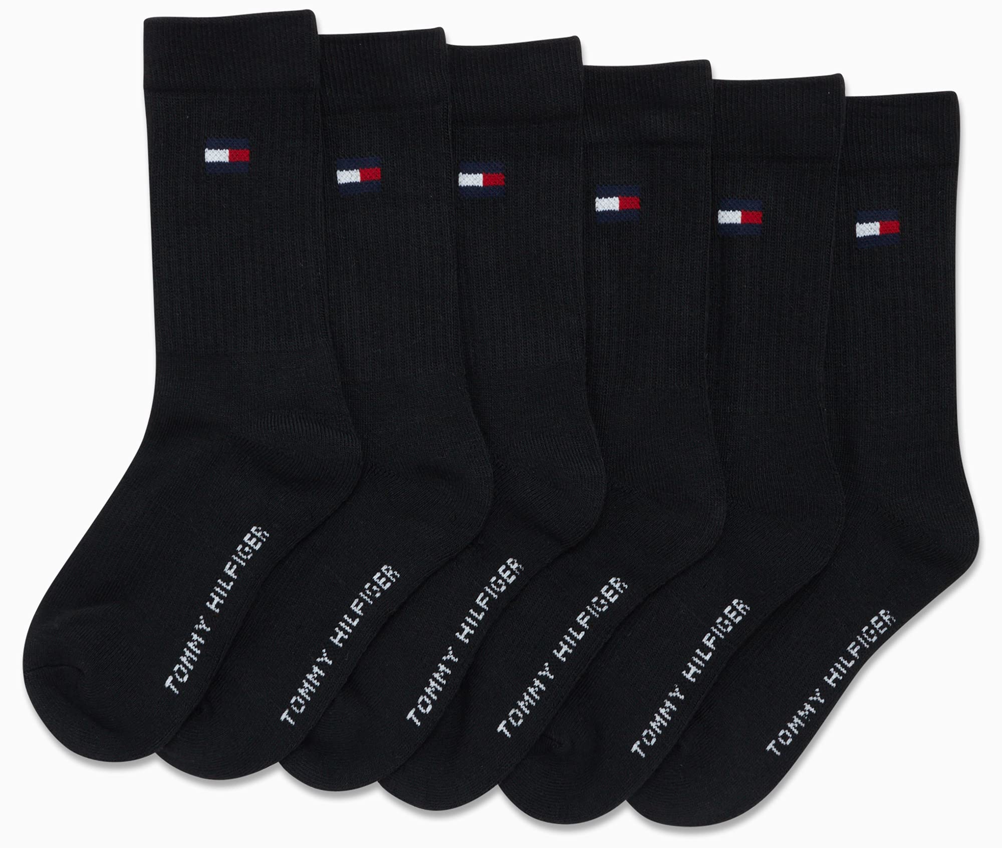 Tommy Hilfiger Unisex Kids' Athletic Socks - Cushioned Crew Socks (6 Pack), Size Medium, Black