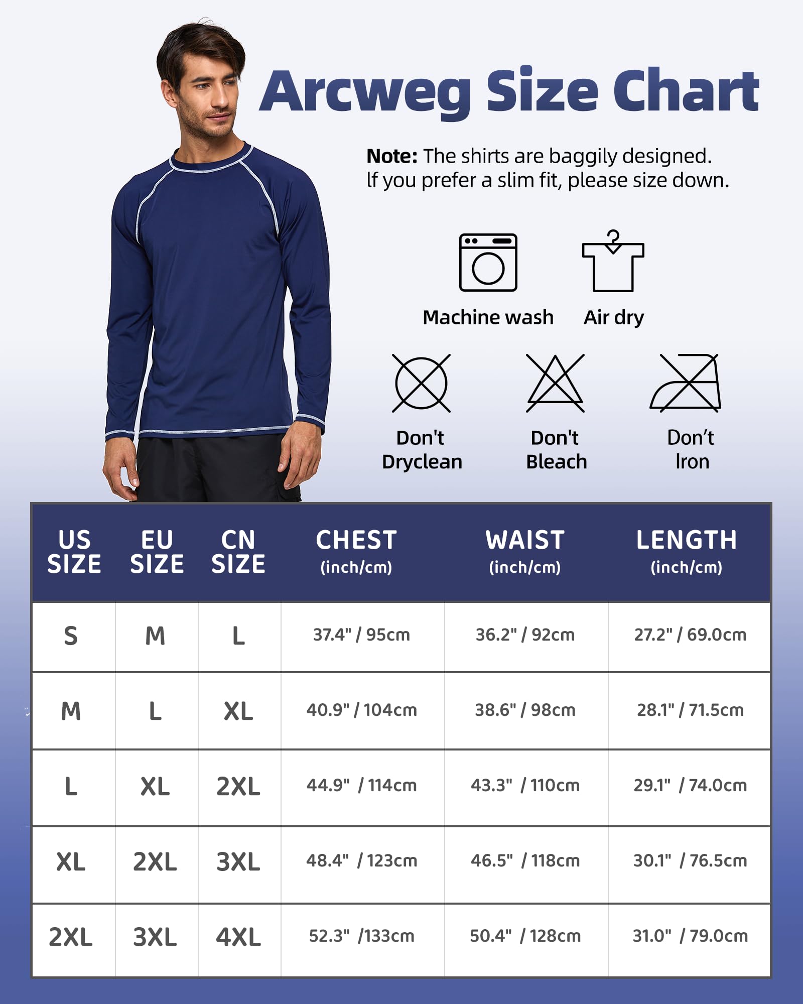 Arcweg Rashguard Men Long Sleeves Diving UV Protection UPF 50+ Elastic Rash Vest Loose Fit Top Swimming Quick Drying Surfing Pool T-Shirt Sports Top Rashie XL (US) Dark Blue