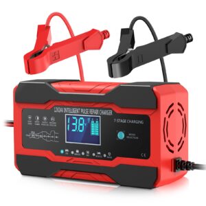 yonhan battery charger 10-amp 12v and 24v fully-automatic smart car battery charger, battery maintainer trickle charger, and battery desulfator with temperature compensation