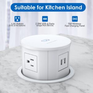 ANNQUAN Automatic Pop Up Countertop Outlet with 15W Wireless Charger,4 Outlets,2 USB Ports,4.75" Pop Up Electrical Outlet,Home Office Power Supply,Suit Kitchen Island RV Office Conference Table