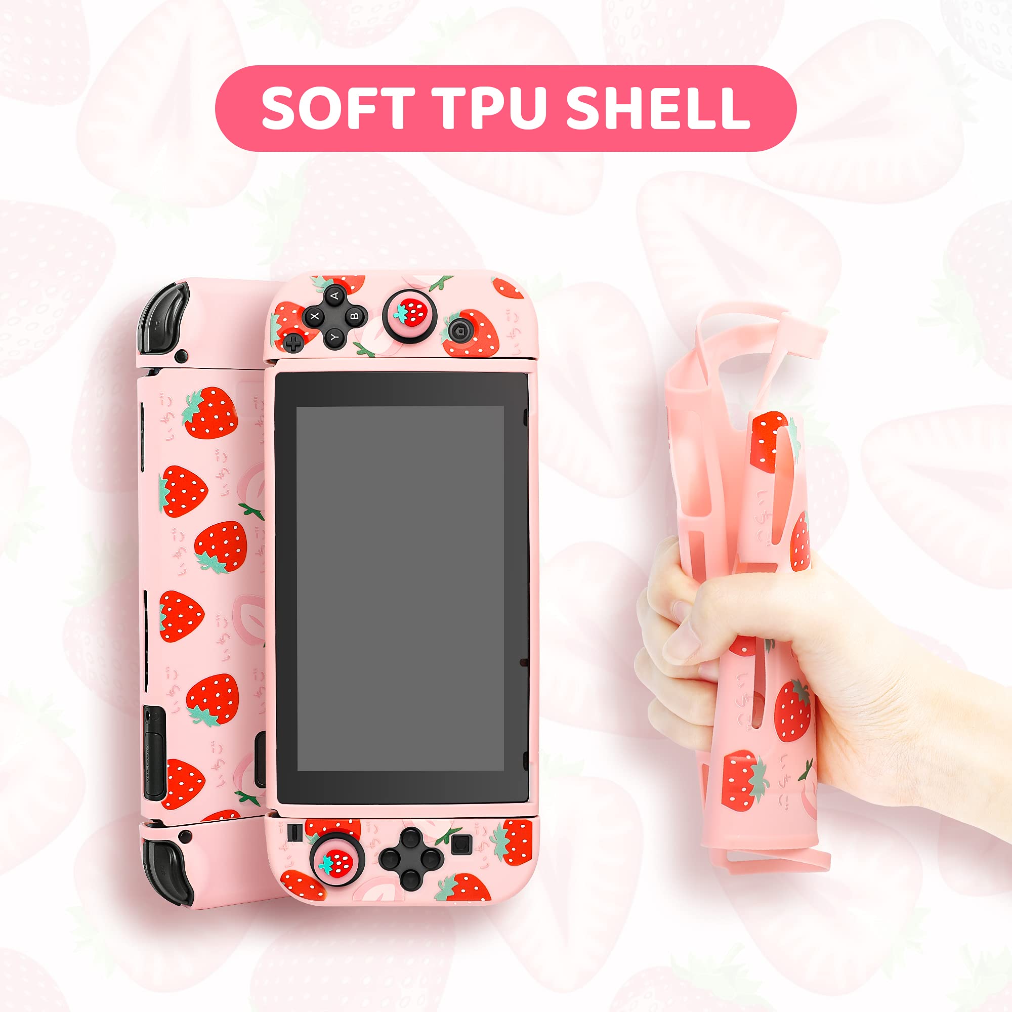 FANPL Pink Carry Case Bundle for Nintendo Switch, Cute Case Accessories Set for Switch with Hard Travel Case, Soft TPU cover, Adjustable Strap, Screen Protector, Thumb Grip Caps (Cute Pink Strawberry)