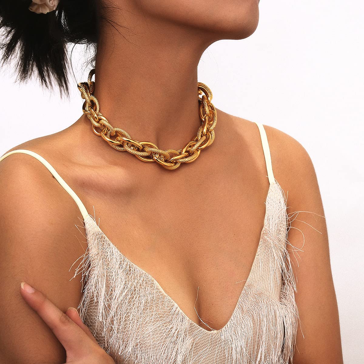 Inactwin Chunky Gold Chain Necklace Heavy Silver Chain Necklace Punk Choker Rectangle Curb Cuban Link Necklace Women (Golden)