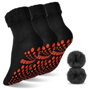 novayard 3 pairs non slip thermal socks hospital slipper crew grip cozy wool socks men women(black，large)