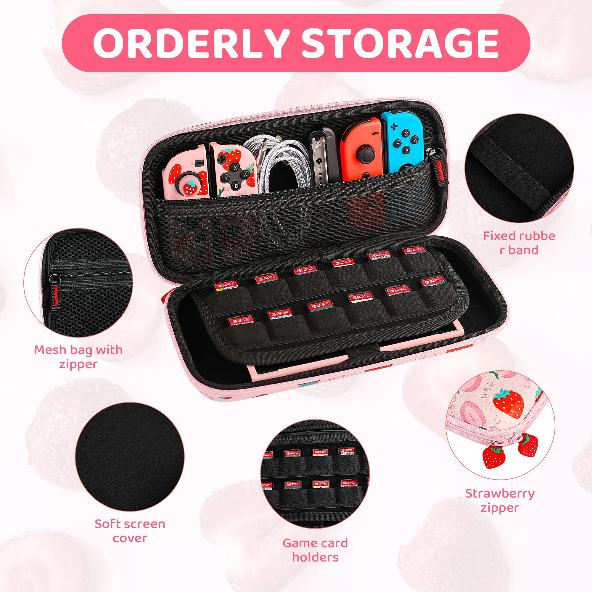 FANPL Pink Carry Case Bundle for Nintendo Switch, Cute Case Accessories Set for Switch with Hard Travel Case, Soft TPU cover, Adjustable Strap, Screen Protector, Thumb Grip Caps (Cute Pink Strawberry)