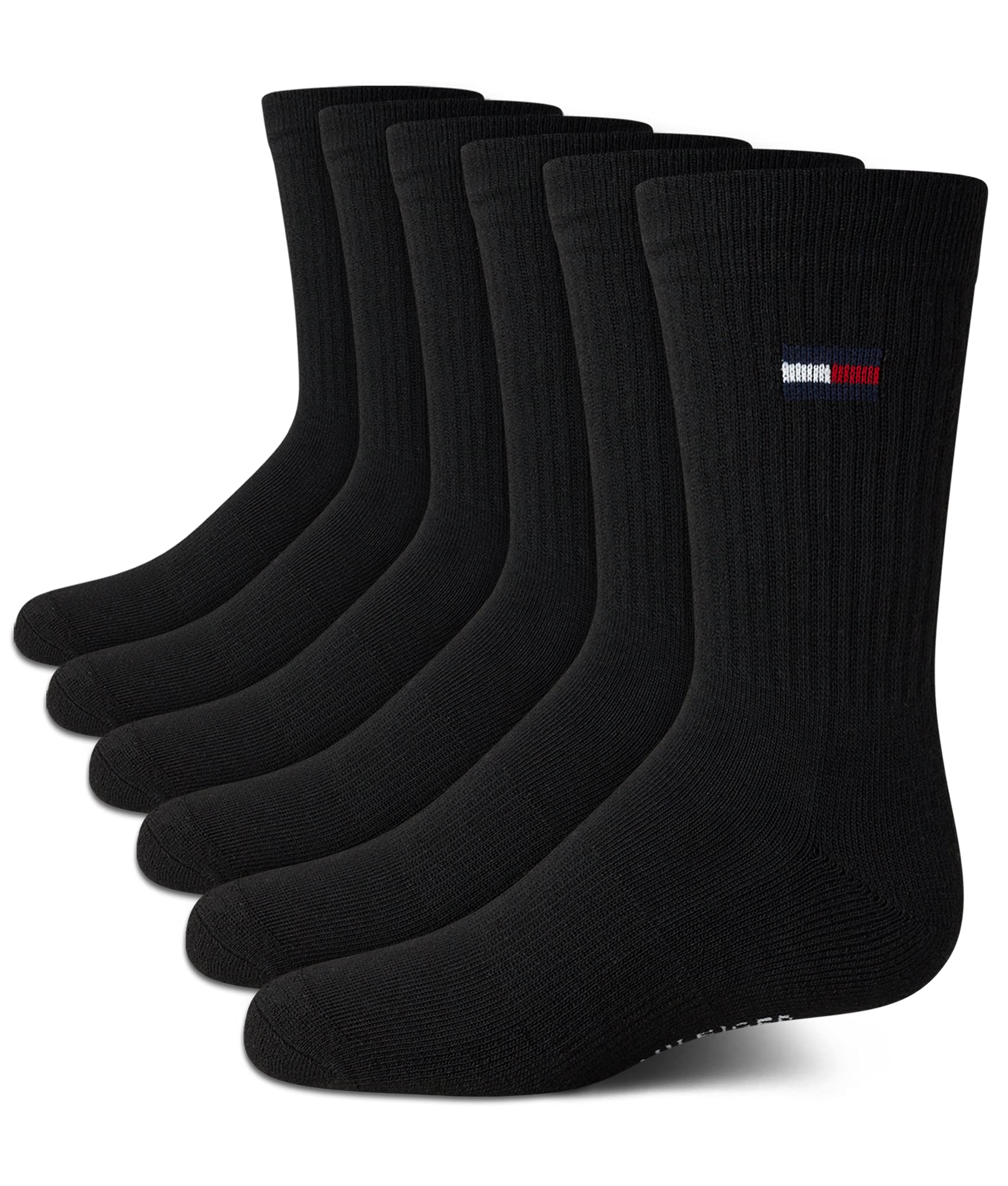 Tommy Hilfiger Unisex Kids' Athletic Socks - Cushioned Crew Socks (6 Pack), Size Medium, Black