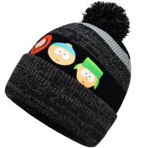 south park knitted acrylic winter beanie hat with cuff and pom, multi, one size