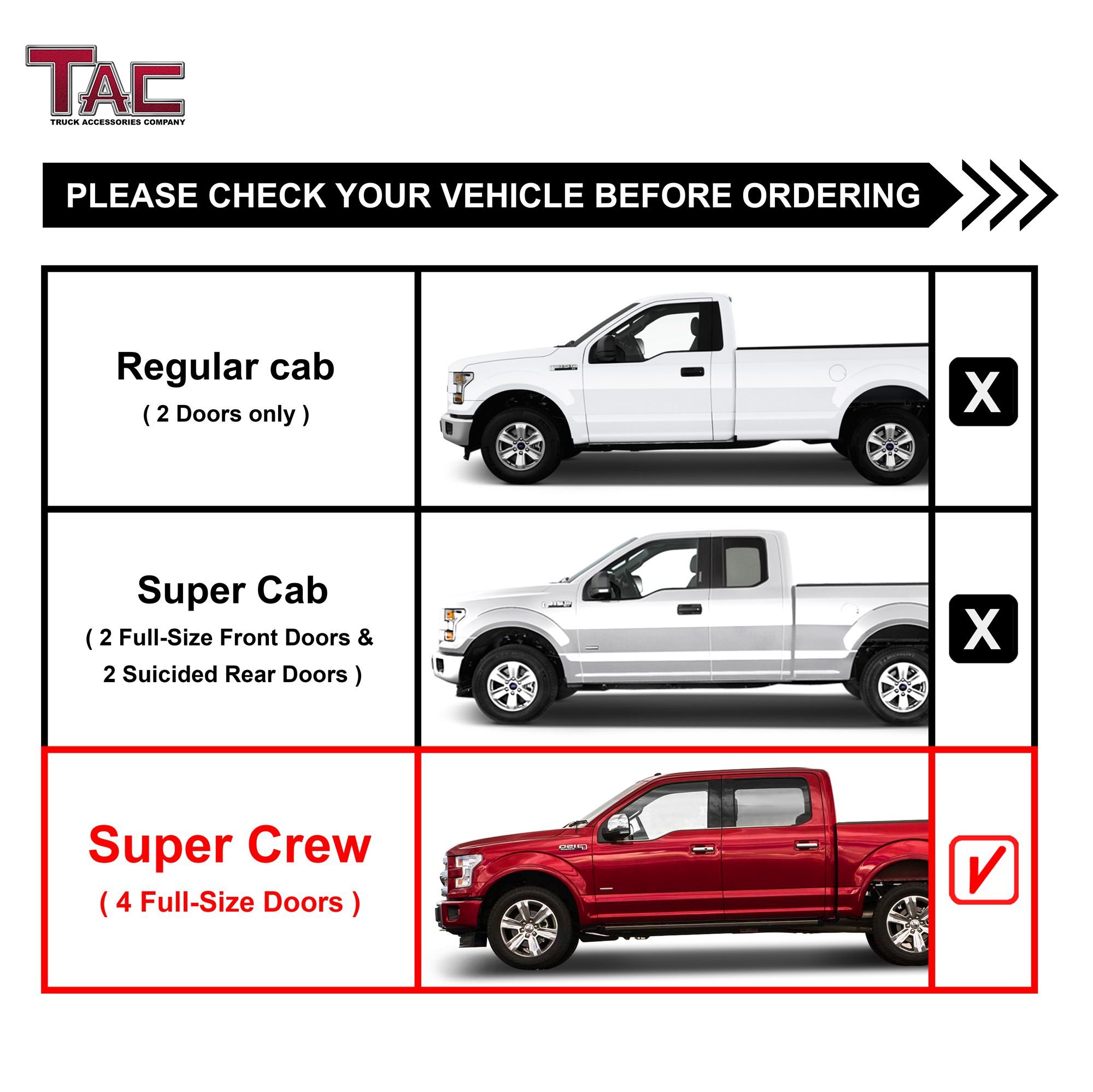 TAC Sidewinder Running Boards Fit 2015-2024 Ford F150 Supercrew Cab| 2022-2024 F150 Lightning EV Supercrew Cab|2017-2024 F250/F350/F450/F550 Super Duty Crew Cab Truck 4” Drop Fine Texture Black 2Pcs