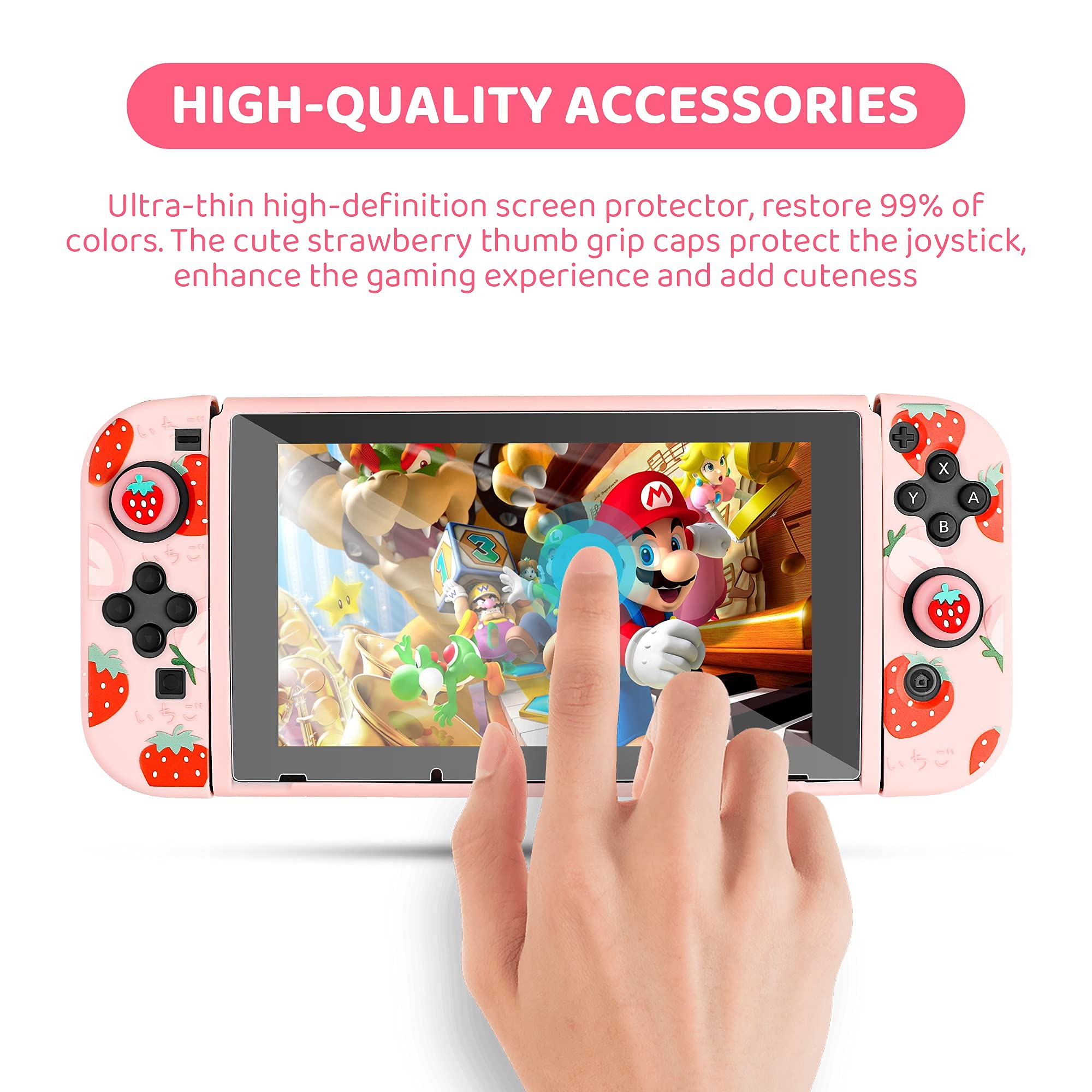 FANPL Pink Carry Case Bundle for Nintendo Switch, Cute Case Accessories Set for Switch with Hard Travel Case, Soft TPU cover, Adjustable Strap, Screen Protector, Thumb Grip Caps (Cute Pink Strawberry)