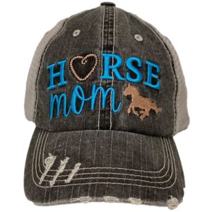 horse mom women's distressed baseball hat (grey/blue)