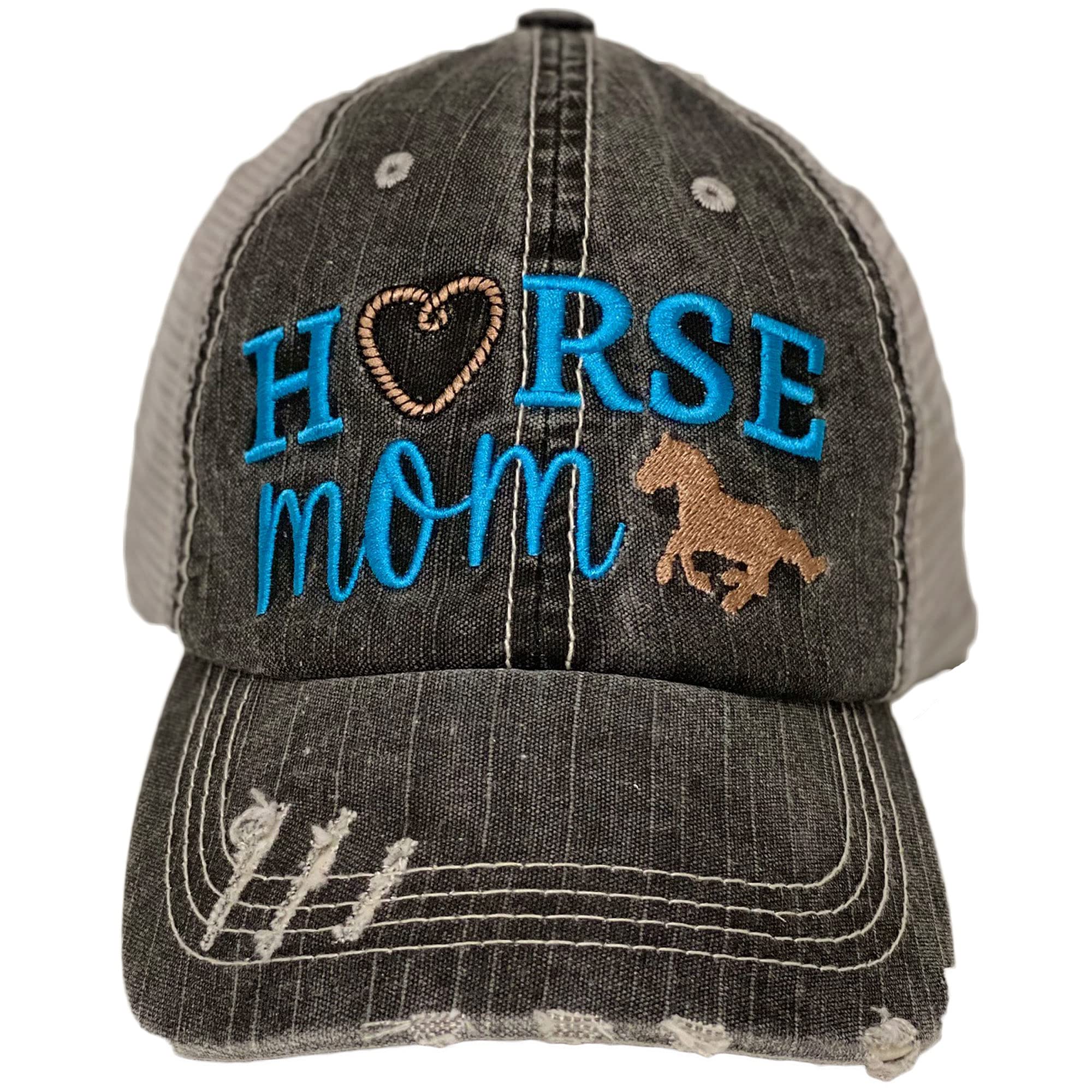 Horse Mom Women's Distressed Baseball Hat (Grey/Blue)