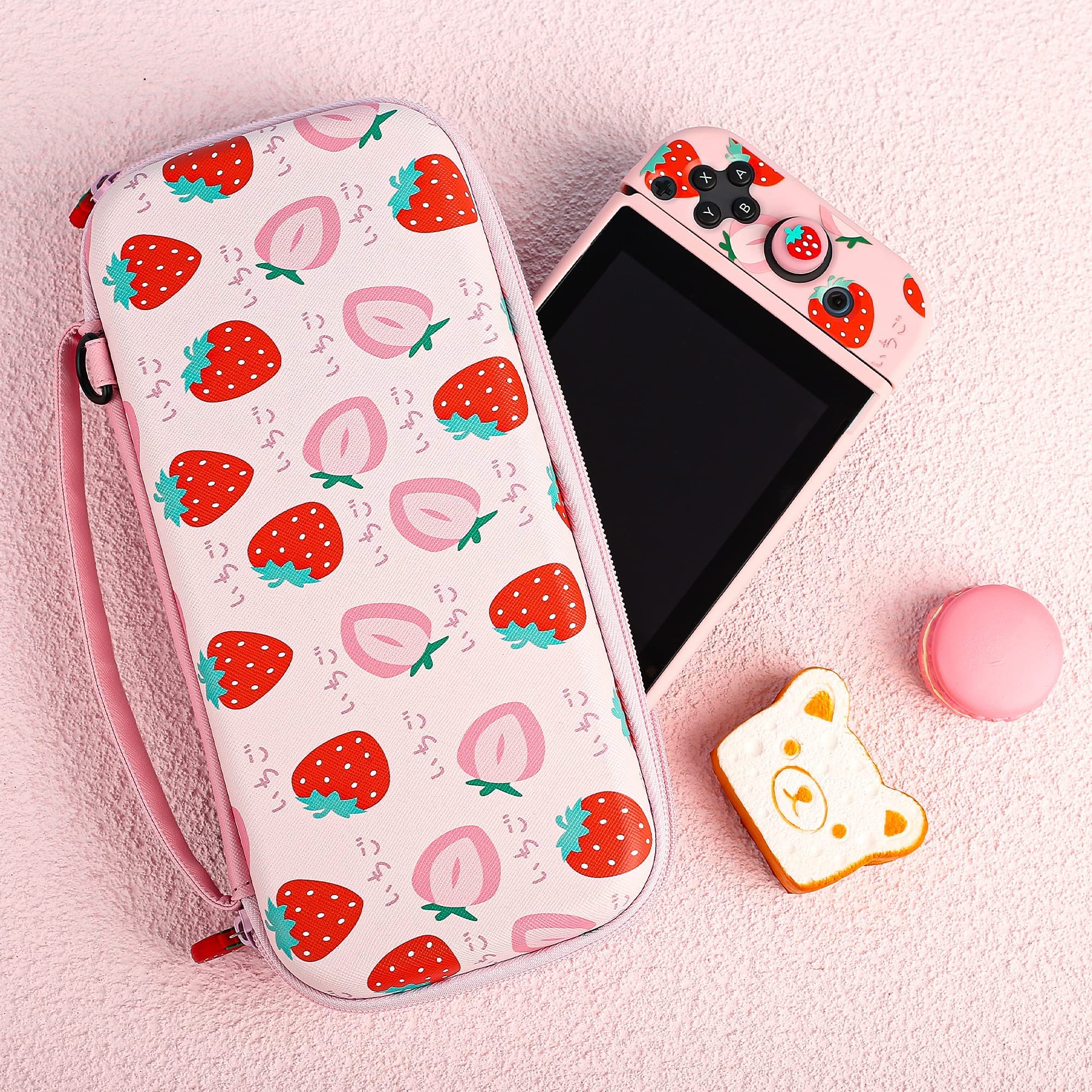 FANPL Pink Carry Case Bundle for Nintendo Switch, Cute Case Accessories Set for Switch with Hard Travel Case, Soft TPU cover, Adjustable Strap, Screen Protector, Thumb Grip Caps (Cute Pink Strawberry)