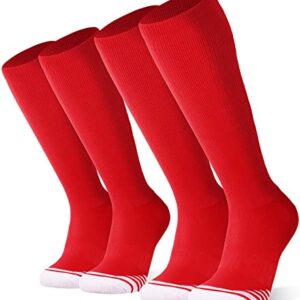 FITRELL 2 Pack Baseball Soccer Softball Socks for Youth Men & Women Over-the-Calf Knee High Socks Sports Tube Socks, Red, Medium