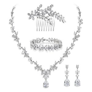 crysdue wedding jewelry set for women, floral necklace dangle earrings bracelet hair comb set, cubic zirconia elegance wedding party jewelry for bridal bridesmaid