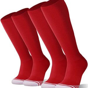 FITRELL 2 Pack Baseball Soccer Softball Socks for Youth Men & Women Over-the-Calf Knee High Socks Sports Tube Socks, Red, Medium