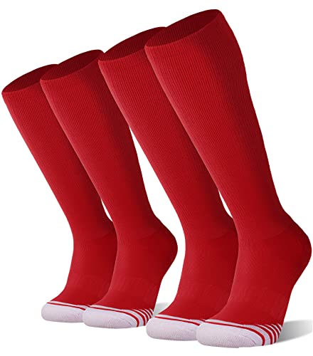 FITRELL 2 Pack Baseball Soccer Softball Socks for Youth Men & Women Over-the-Calf Knee High Socks Sports Tube Socks, Red, Medium