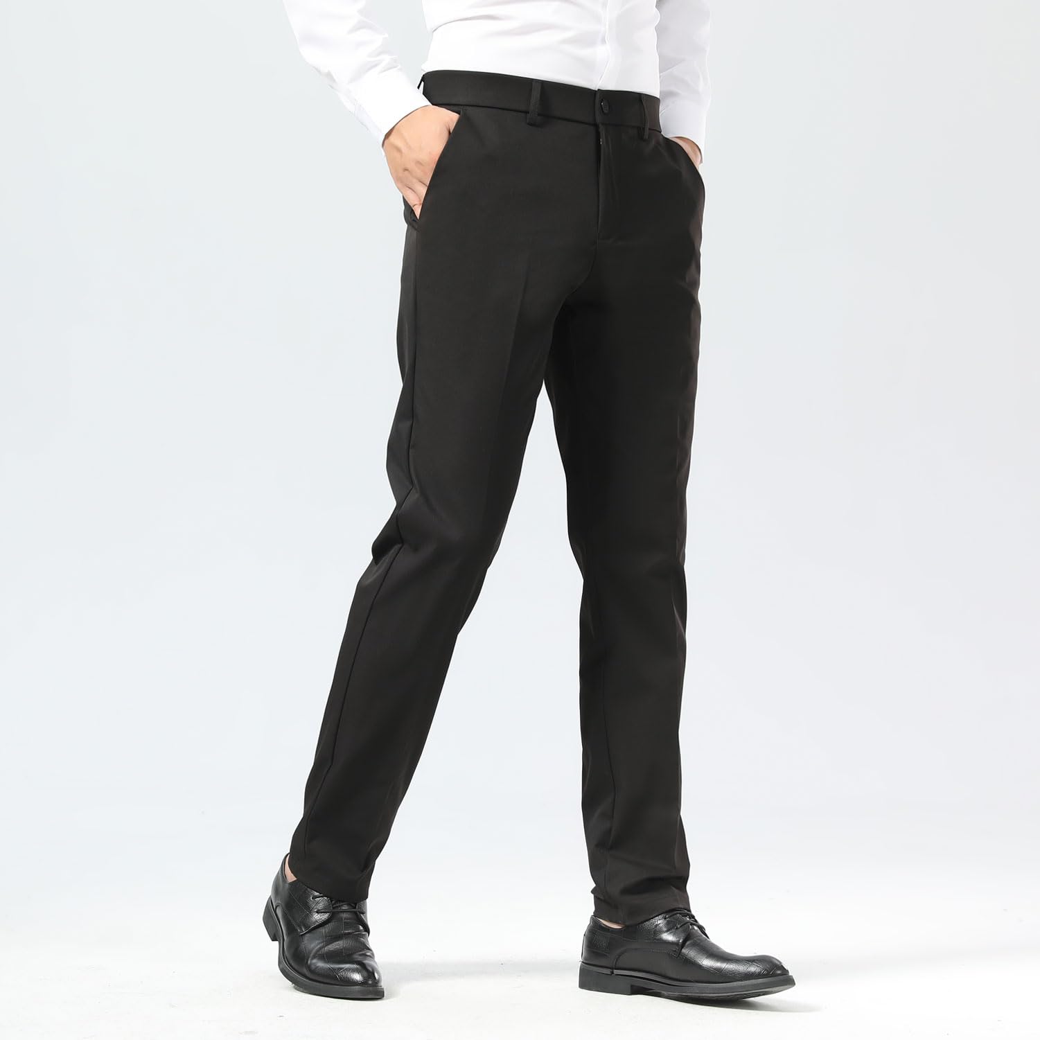 Plaid&Plain Men's Dress Pants Slim Fit Stretch Khaki Pants Wrinkle Free 8802 Black 34x30