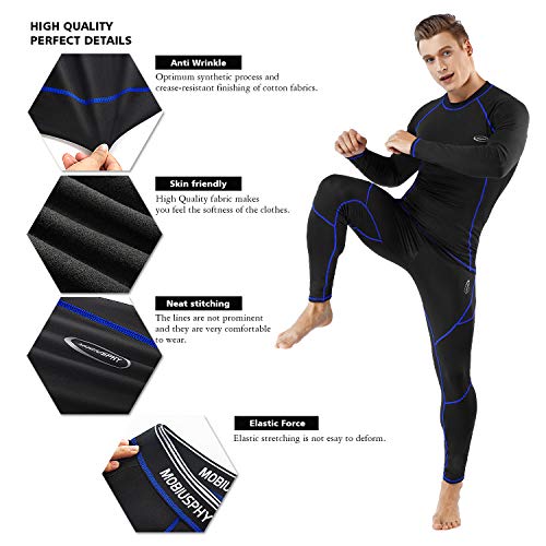 MOBIUSPHY Thermal Underwear for Men Long Johns Set with Fleece Lined Base Layer Top Bottom L Black