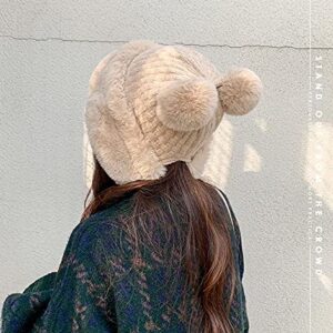 Fluffy Knit Beanie Hats for Women Winter Faux Fur Warm Knit Crochet Skull Cap with Pompom Outdoor Ear Cover Black