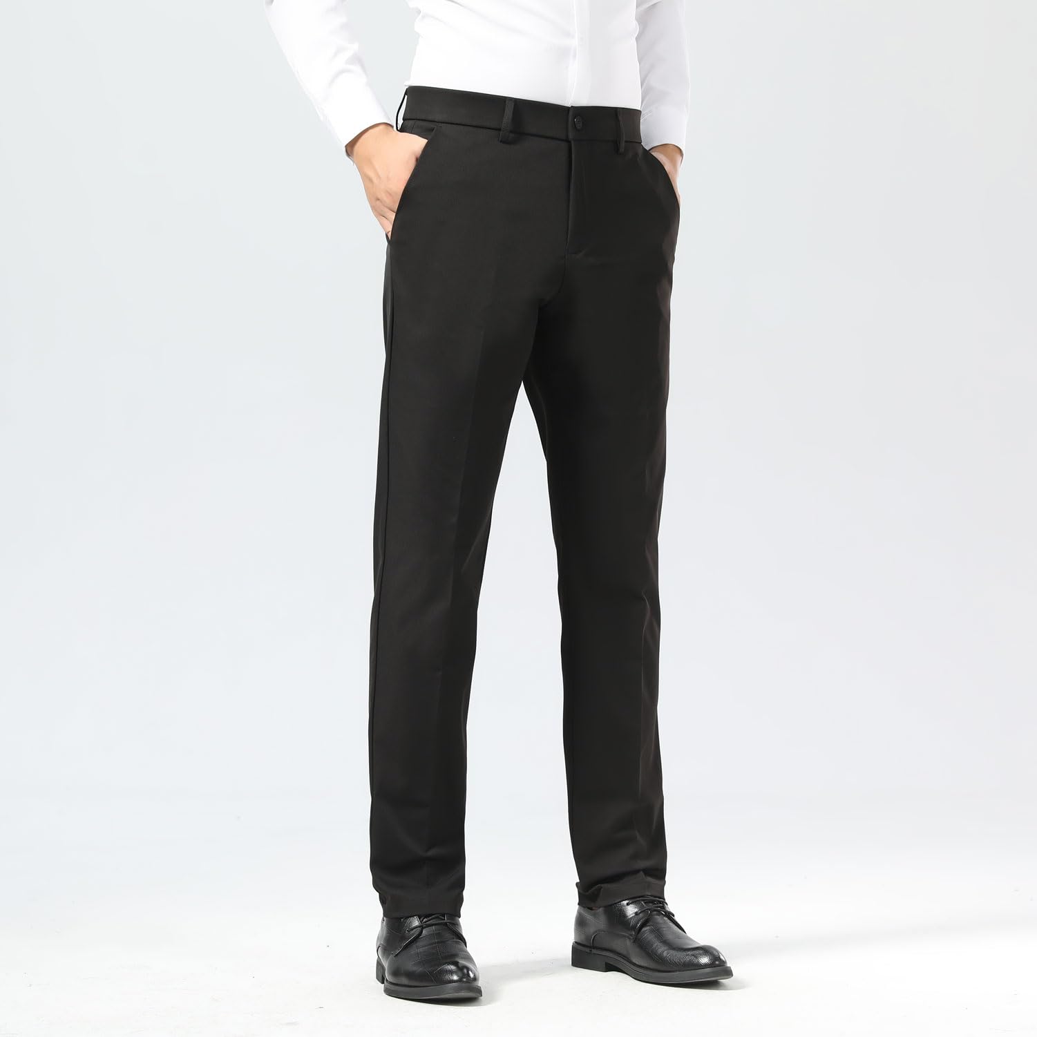 Plaid&Plain Men's Dress Pants Slim Fit Stretch Khaki Pants Wrinkle Free 8802 Black 34x30