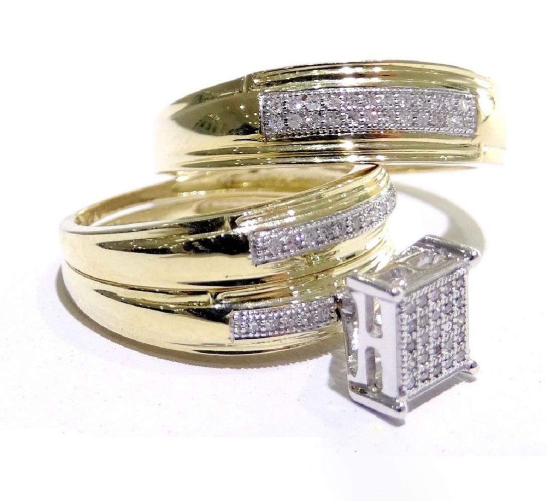 Rosie Collection Round Cut D/VVS 1 Diamond Men's Women's Matching Wedding Ring Set 14K Gold Over His Her Trio Ring Set Women's Size 10 & Men's Size 10