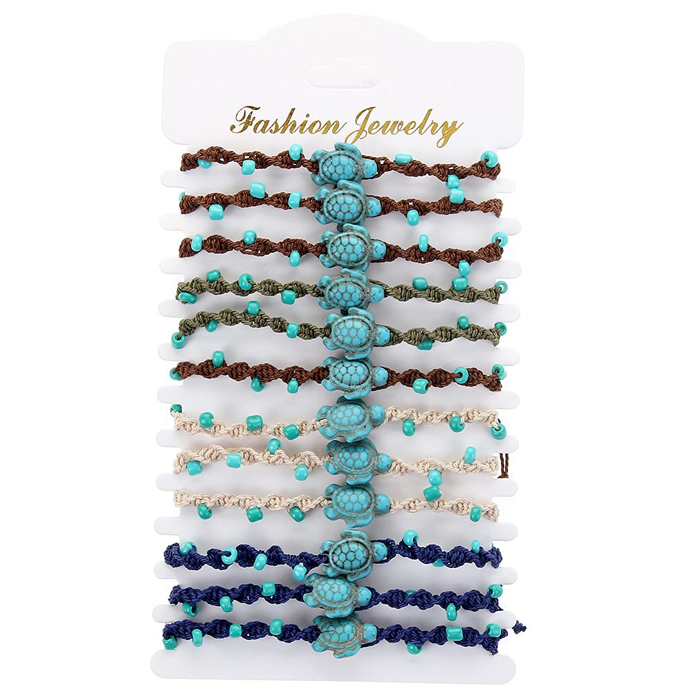 COLORFUL BLING 12Pc Adjustable Natural Sea Shell Starfish Cowries Strand Bracelets Handmade Braided Turtle Tortoise Beads Bracelet for Women Surfer Beach Friendship Jewelry-A turtle