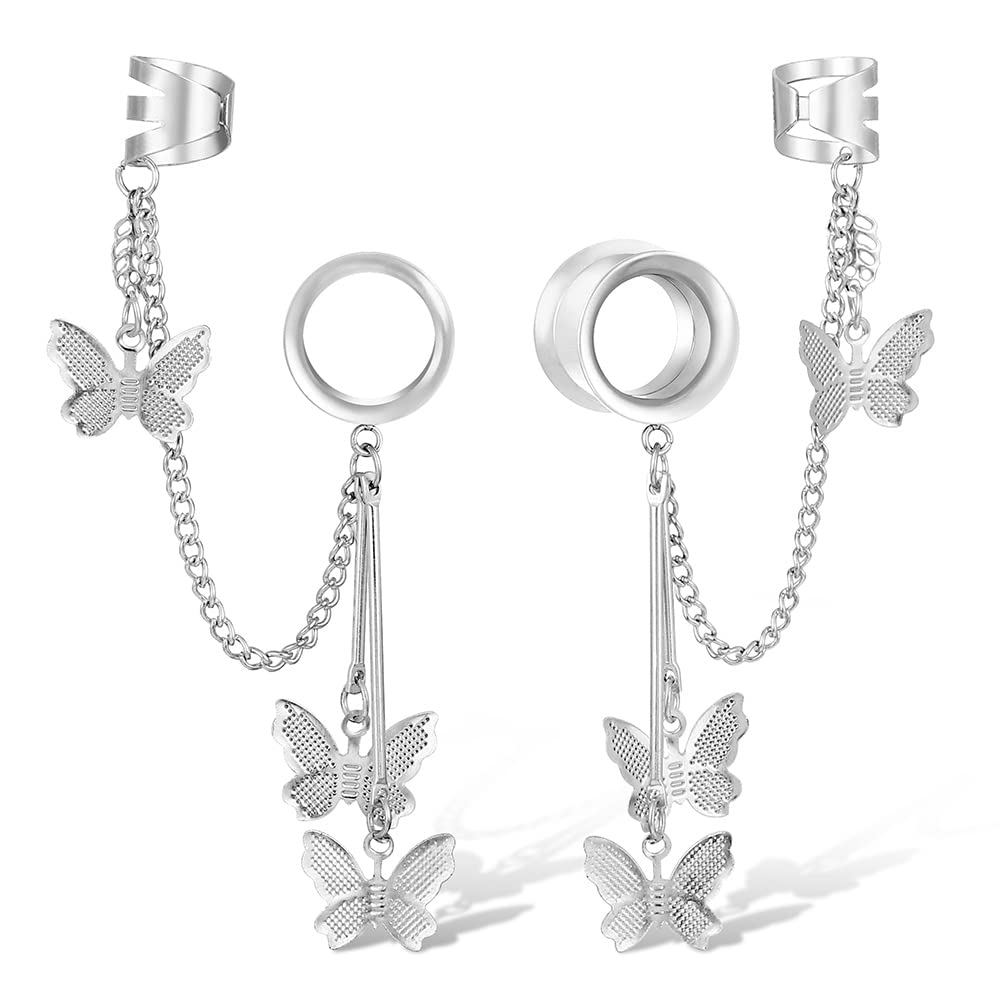 Casvort 2 PCS 10mm (00g) Fashion 316 Stainless Steel New Double Flared Butterfly Ear Cuff Clips Dangle Ear Plugs Tunnels Gauges Stretcher Piercings Body Jewelry