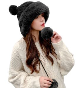 fluffy knit beanie hats for women winter faux fur warm knit crochet skull cap with pompom outdoor ear cover black