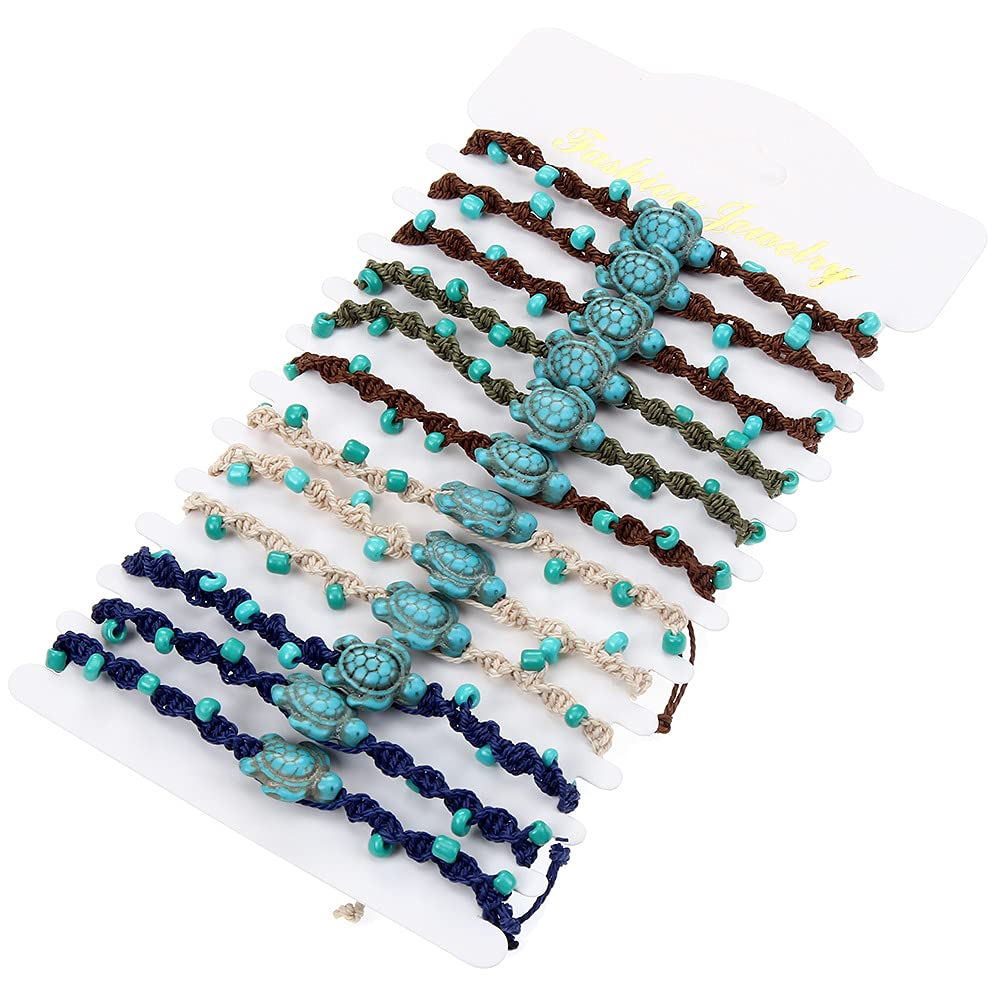 COLORFUL BLING 12Pc Adjustable Natural Sea Shell Starfish Cowries Strand Bracelets Handmade Braided Turtle Tortoise Beads Bracelet for Women Surfer Beach Friendship Jewelry-A turtle