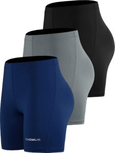 cadmus women's 8" high waisted biker yoga athletic compression shorts,3 pack,1014,black,grey,navy blue,small