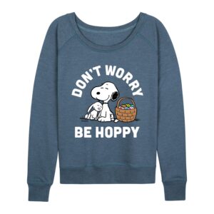 peanuts hybrid apparel don't worry hoppy - women's lightweight french terry pullover - size 4x heather blue