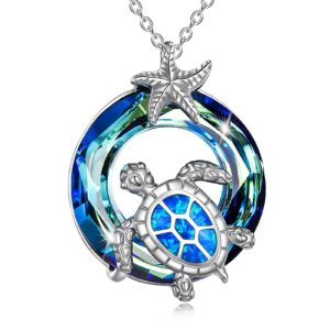 potopyy turtle necklace sterling silver sea turtle necklaces for women crystal sea turtle tortoise pendant ocean necklace jewelry, sea turtle gifts for women mom daughter grandma wife birthday anniversary christmas, 18+2 inch