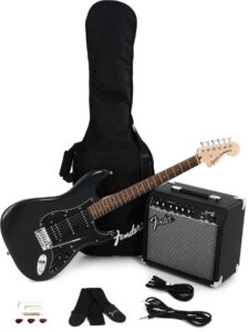 squier by fender electric guitar kit, affinity series stratocaster, with 2-year warranty, charcoal frost metallic, with padded guitar bag, frontman 15g guitar amp, guitar strap, and more