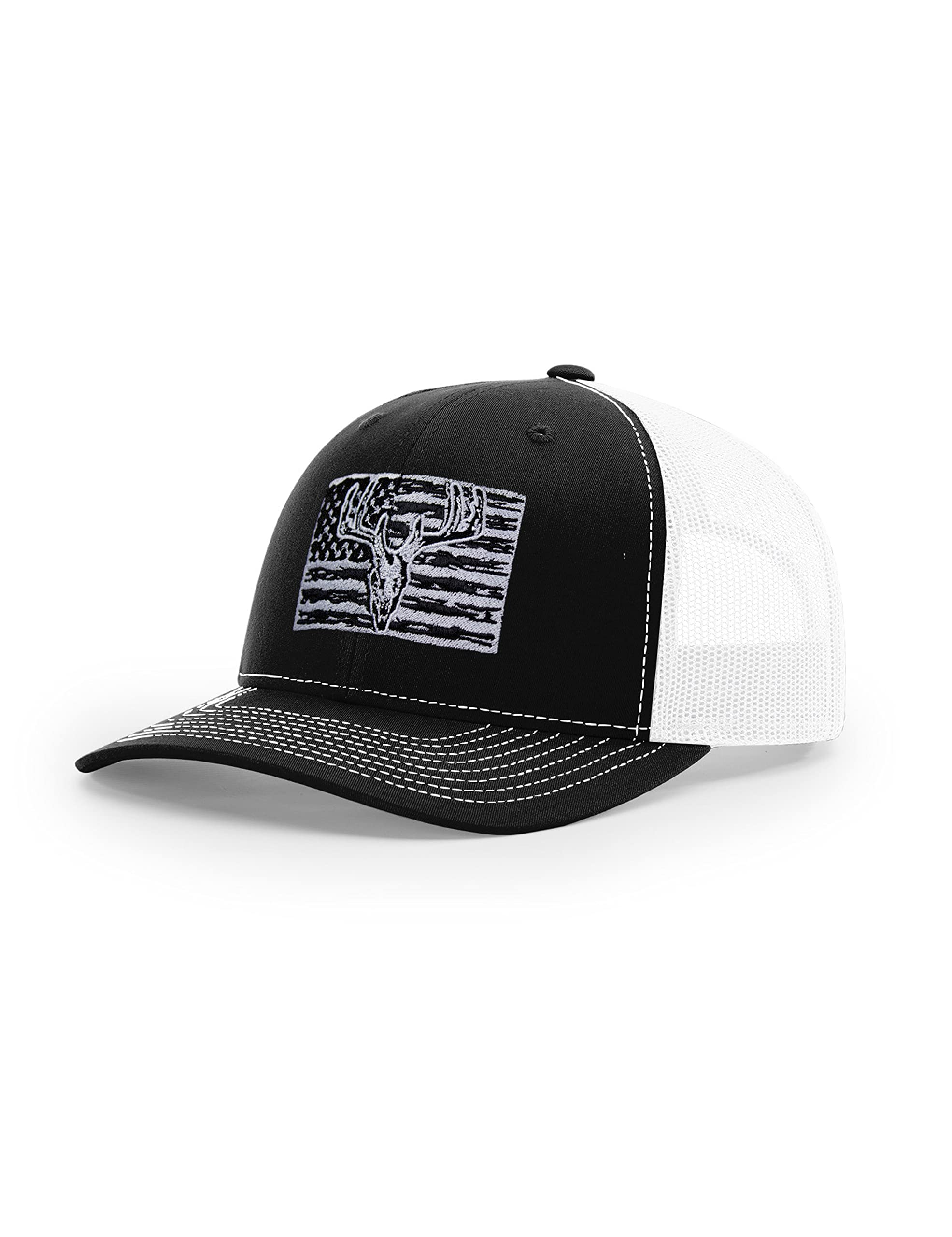 B Wear Sportswear American Flag and Deer Skull Hunting Embroidered Men's Snapback Trucker Cap Hat Black/White