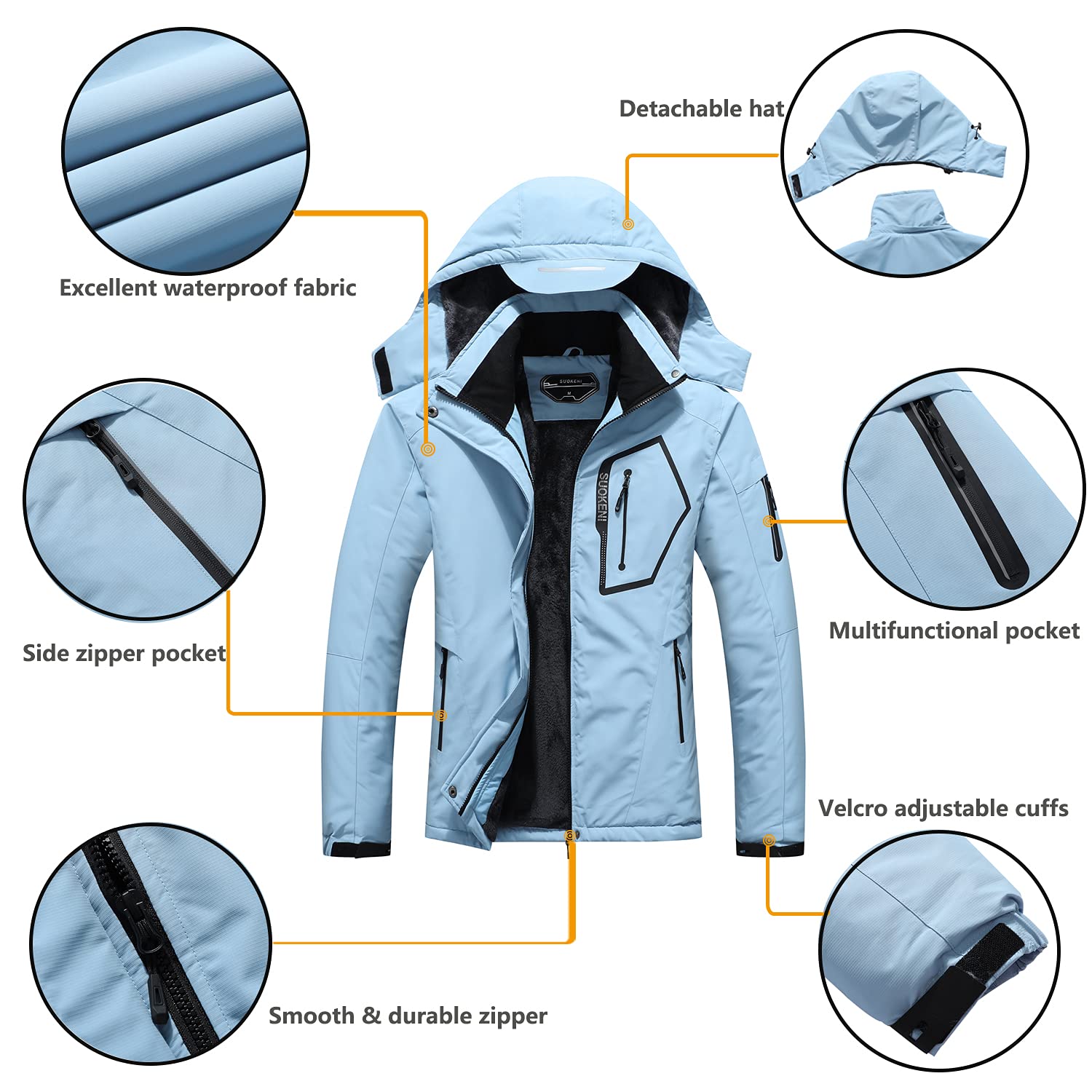 SUOKENI Women's Waterproof Warm Winter Snow Coat Hooded Raincoat Ski Snowboarding Jacket