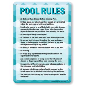 smartsign 14 x 10 inch “pool rules - shower before entering, glass prohibited, no spitting…” metal sign, screen printed, 40 mil laminated rustproof aluminum, blue, black and white, made in usa