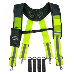 melotough reflective safety suspenders tool belt suspenders construction work suspenders with detachable phone holder comfortable foam shoulder padder (lime)