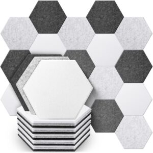 drydiet 18 pieces hexagon acoustic panels felt sound proofing padding beveled edge flame retardant, 14 x 12 x 0.4 inch high density dampening panel for studio home office, light grey, white, dark grey