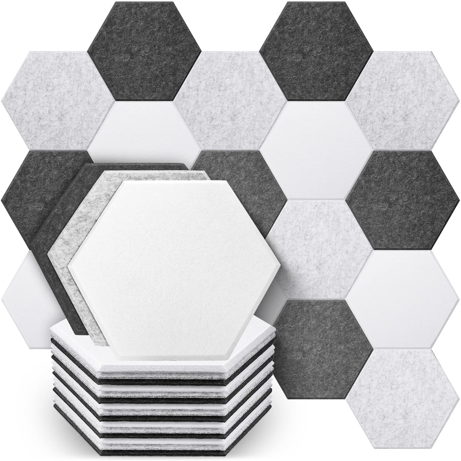 Drydiet 18 Pieces Hexagon Acoustic Panels Felt Sound Proofing Padding Beveled Edge Flame Retardant, 14 x 12 x 0.4 Inch High Density Dampening Panel for Studio Home Office, Light Grey, White, Dark Grey