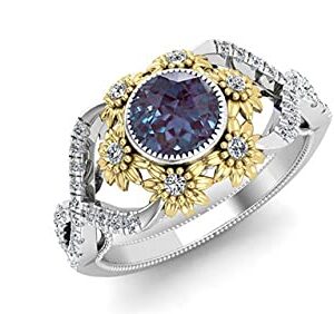 2 1/2 CT Round Shape Simulated Violet Alexandrite & White Cubic Zirconia Floral Wedding Engagement Ring in 14K White Gold Plated 925 Sterling Silver (2.50 Cttw) Ring Size - 6