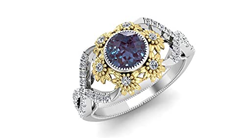 2 1/2 CT Round Shape Simulated Violet Alexandrite & White Cubic Zirconia Floral Wedding Engagement Ring in 14K White Gold Plated 925 Sterling Silver (2.50 Cttw) Ring Size - 6