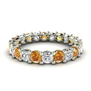 2 1/2 CT Round Shape Simulated Orange Citrine & White Cubic Zirconia Eternity Wedding Engagement Band Ring in 14K White Gold Plated 925 Sterling Silver (2.50 Cttw) Ring Size - 6