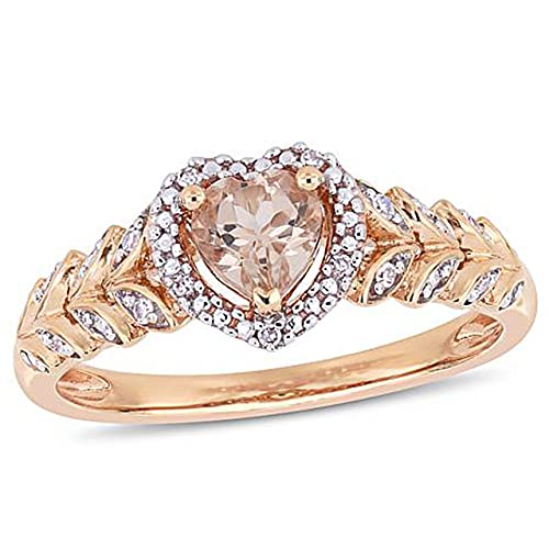 2 CT Heart Shape Simulated Pink Morganite & White Cubic Zirconia Halo Leaf Wedding Engagement Ring in 14K Rose Gold Plated 925 Sterling Silver (2 Cttw) Ring Size - 9