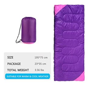 Camping Sleeping Bag for Kids Adults Boys and Girls,Cold and Warm Weather-Summer, Spring, Fall, Lightweight, Waterproof Compact Bag for Camping Gear Equipment, Traveling, and Outdoors (Purple)