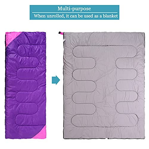 Camping Sleeping Bag for Kids Adults Boys and Girls,Cold and Warm Weather-Summer, Spring, Fall, Lightweight, Waterproof Compact Bag for Camping Gear Equipment, Traveling, and Outdoors (Purple)