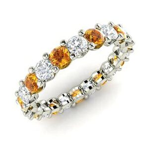 2 1/2 CT Round Shape Simulated Orange Citrine & White Cubic Zirconia Eternity Wedding Engagement Band Ring in 14K White Gold Plated 925 Sterling Silver (2.50 Cttw) Ring Size - 6