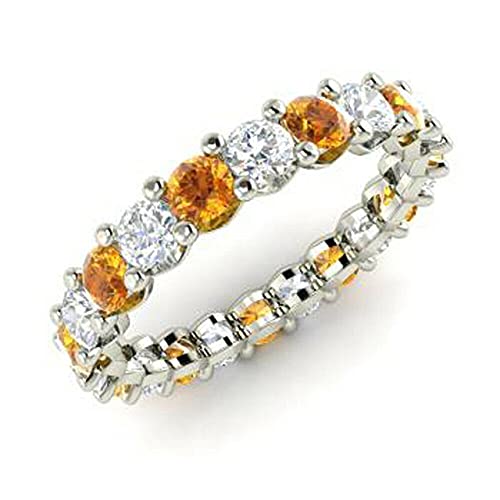 2 1/2 CT Round Shape Simulated Orange Citrine & White Cubic Zirconia Eternity Wedding Engagement Band Ring in 14K White Gold Plated 925 Sterling Silver (2.50 Cttw) Ring Size - 6