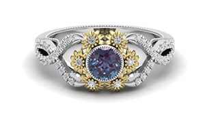 2 1/2 ct round shape simulated violet alexandrite & white cubic zirconia floral wedding engagement ring in 14k white gold plated 925 sterling silver (2.50 cttw) ring size - 6