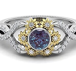 2 1/2 CT Round Shape Simulated Violet Alexandrite & White Cubic Zirconia Floral Wedding Engagement Ring in 14K White Gold Plated 925 Sterling Silver (2.50 Cttw) Ring Size - 6